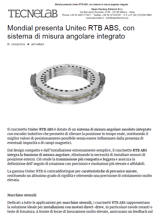 Mondial presenta Unitec RTB ABS, con sistema di misura angolare ...
